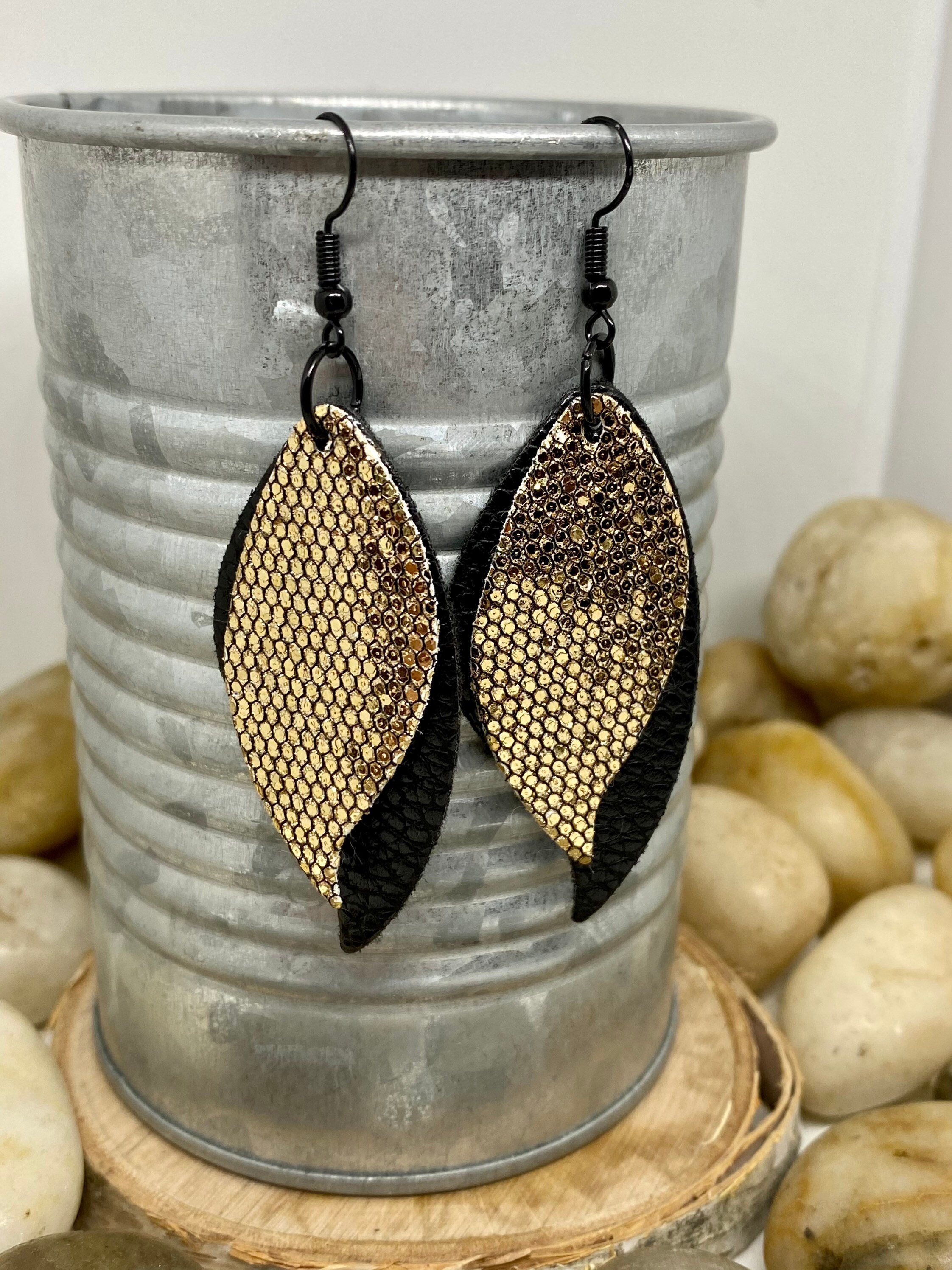 Leather glitter earrings royal blue sequin earrings gold | Etsy