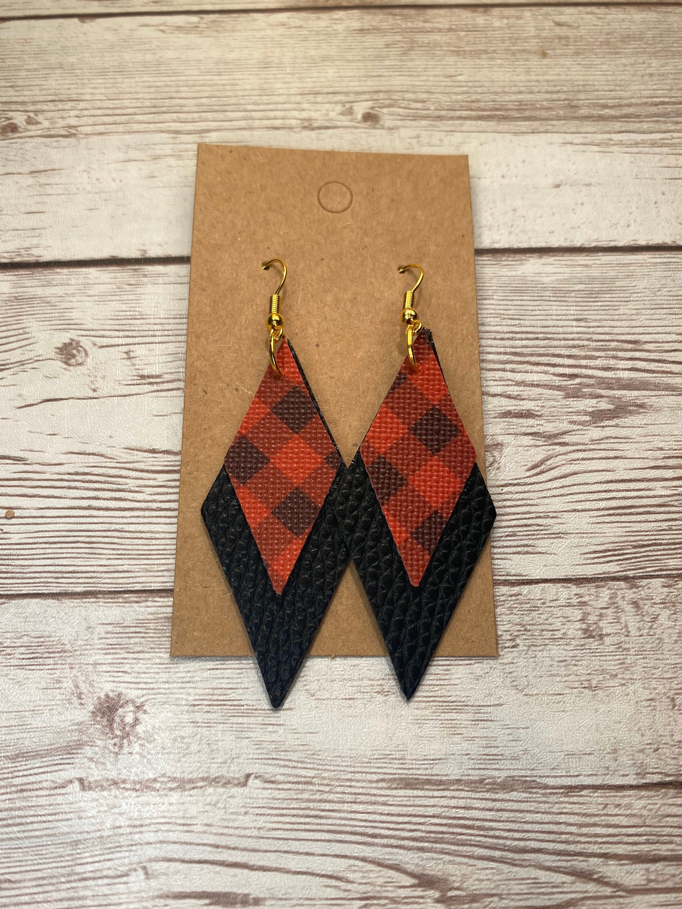 Plaid leather earrings Buffalo plaid earrings white black | Etsy