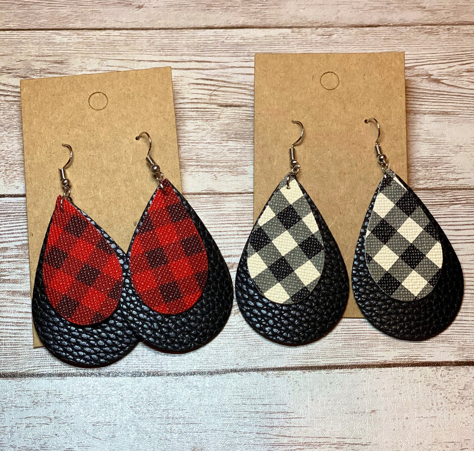 Plaid Leather Earrings Double Layer Teardrop Earrings - Etsy