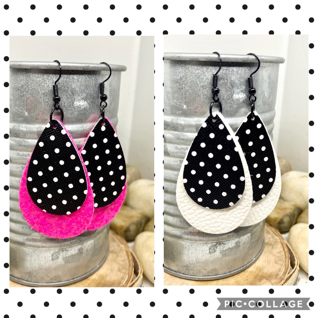 Polka Dot Earrings, Leather Earrings, Teardrop Earrings, Neon Pink ...