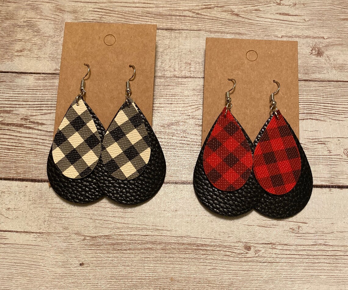 Plaid Leather Earrings Double Layer Teardrop Earrings - Etsy