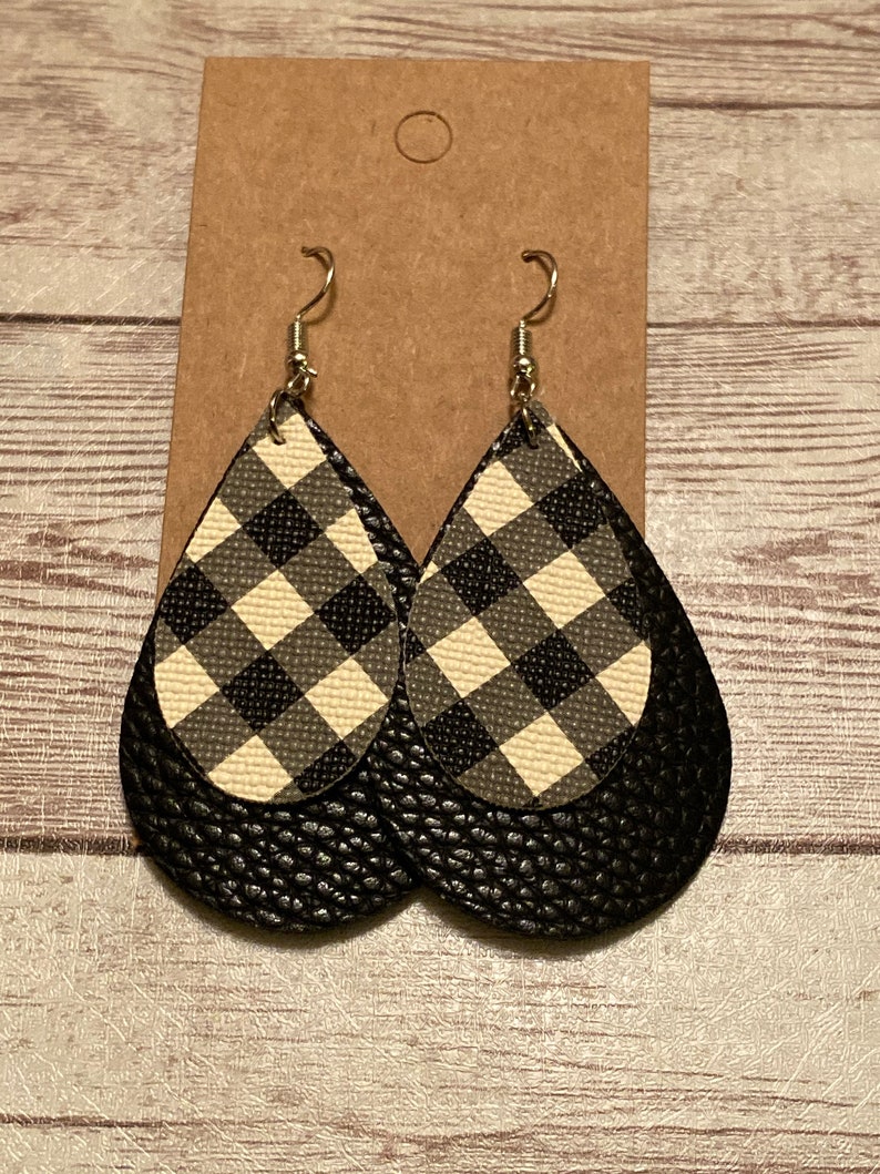 Plaid Leather Earrings Double Layer Teardrop Earrings - Etsy