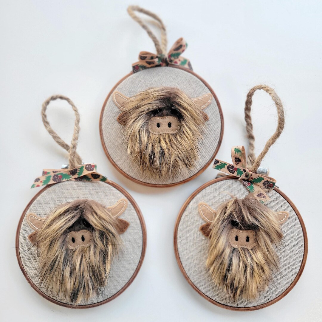 Handmade Highland Cow Embroidery Ornament, Faux Fur Felt and Embroidery ...