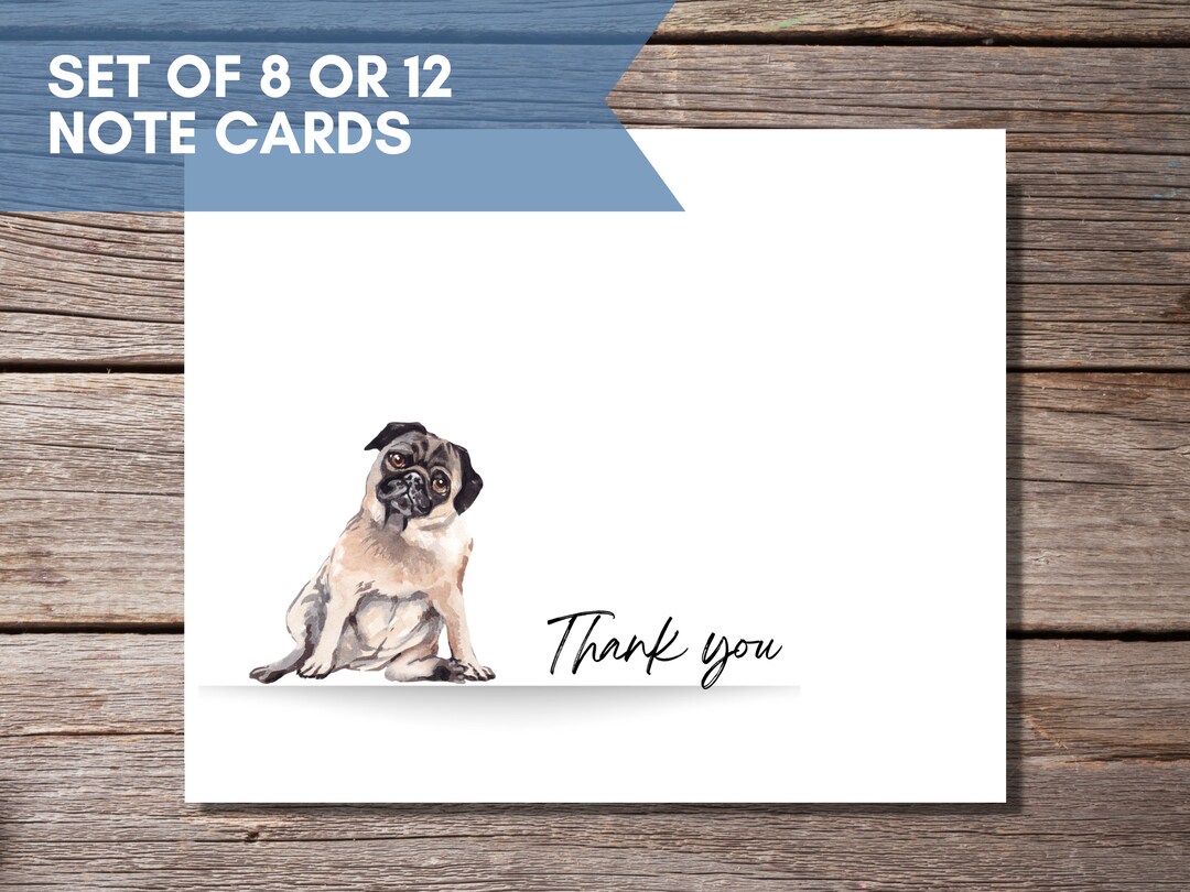 Pug Thank You Cards Dog Stationery With Pug Dog Pug Gift for Pug Lover, Blank Note Cards, Dog ...