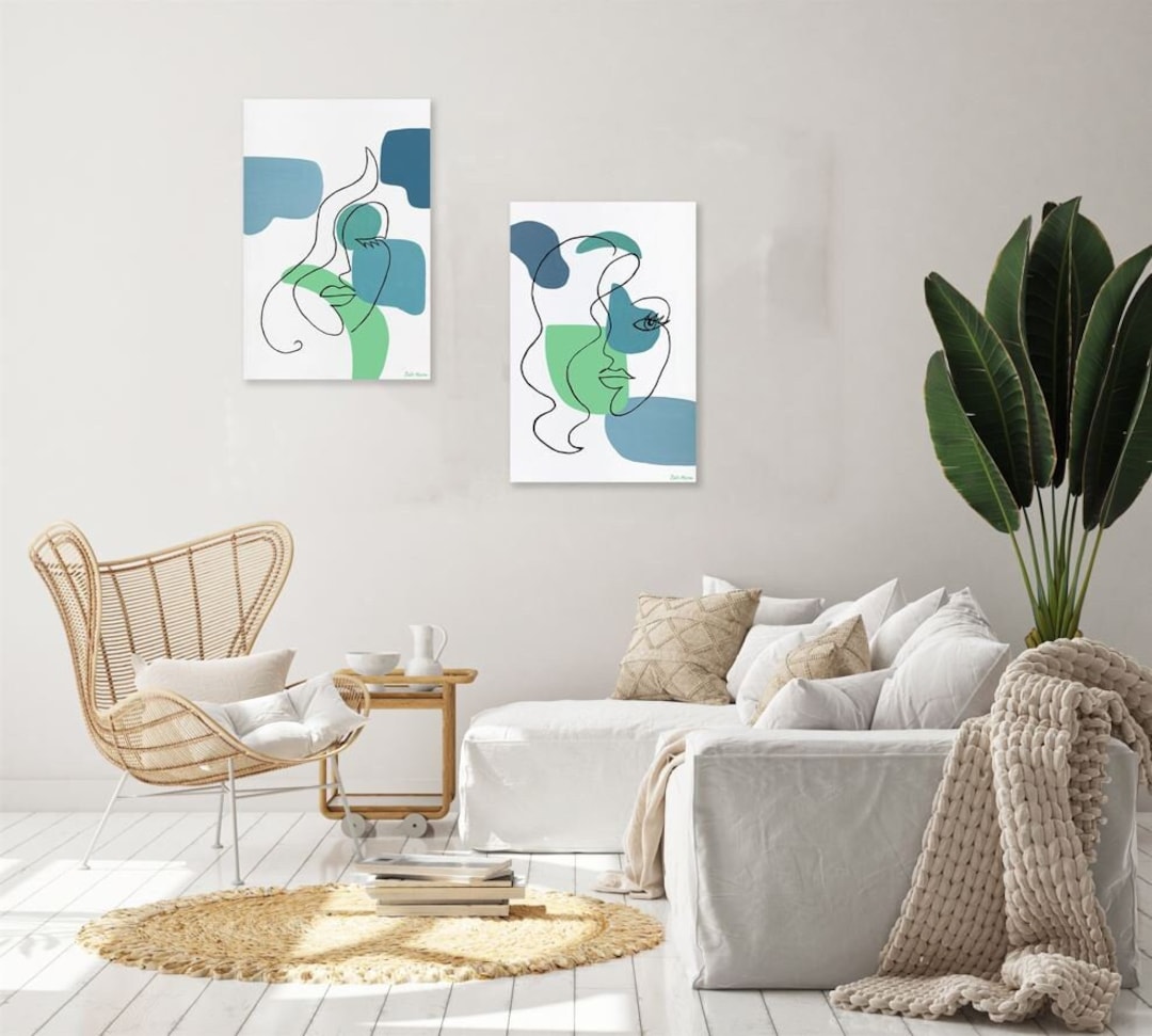 Set of Two Female Line Art, Boho Chic Wall Art, Ready to Hang - Etsy