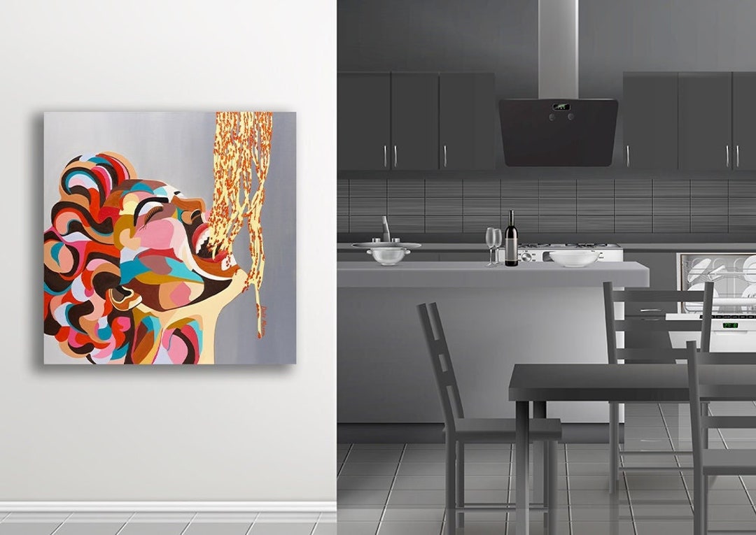 Woman Eating Spaghetti, Woman Art Print on Canvas, Modern Colorful ...