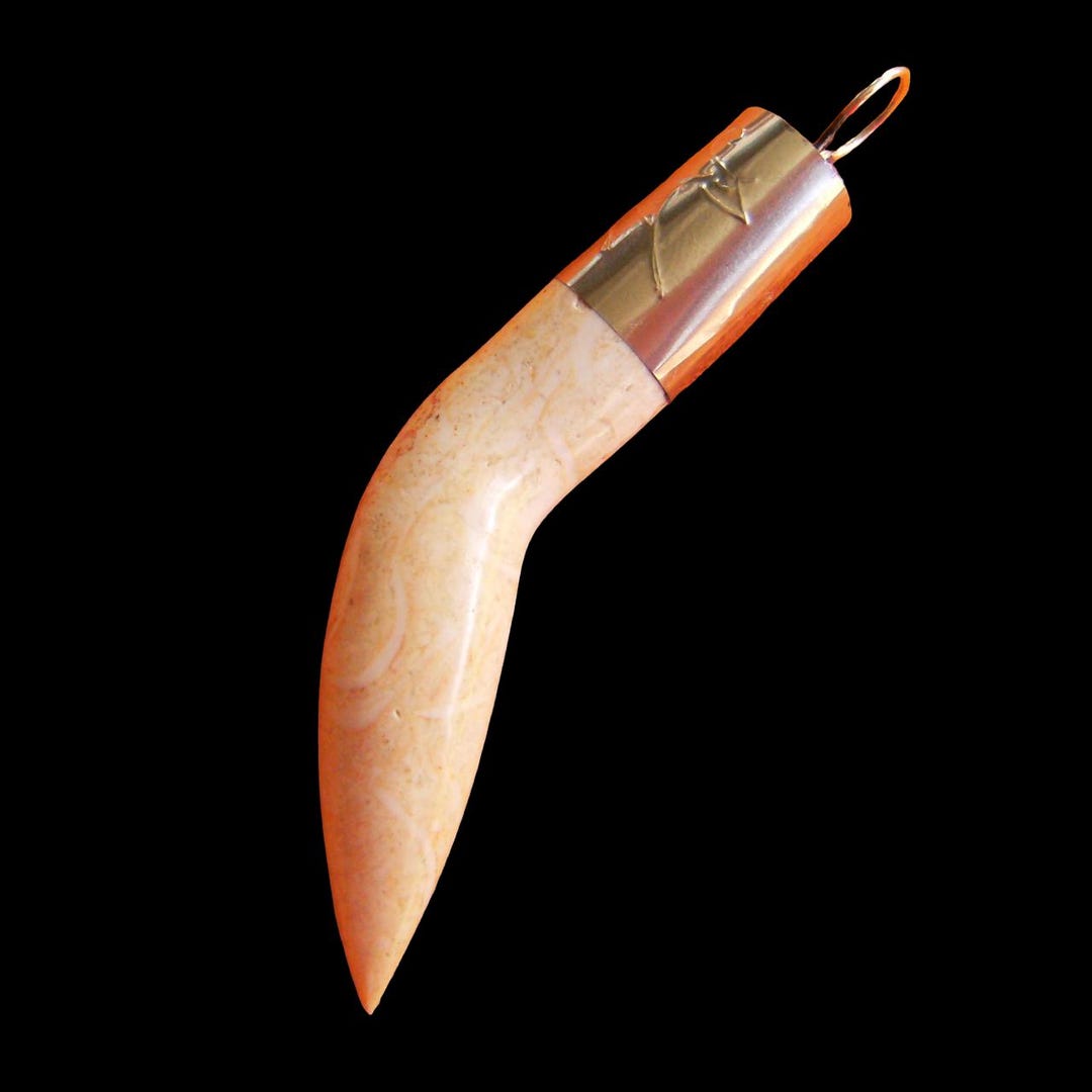 Tusk Shape Tribal Pendant Ancient Deer Motif Stone+steel Handmade ...