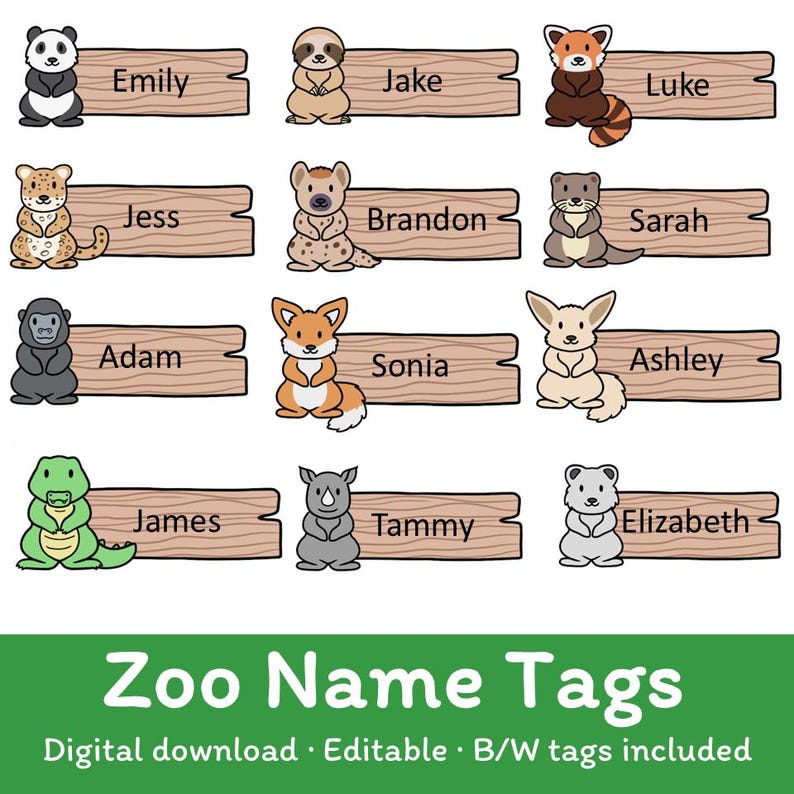 Editable Zoo Animal Name Tags, Cute Printable Name Plates for Bulletin ...