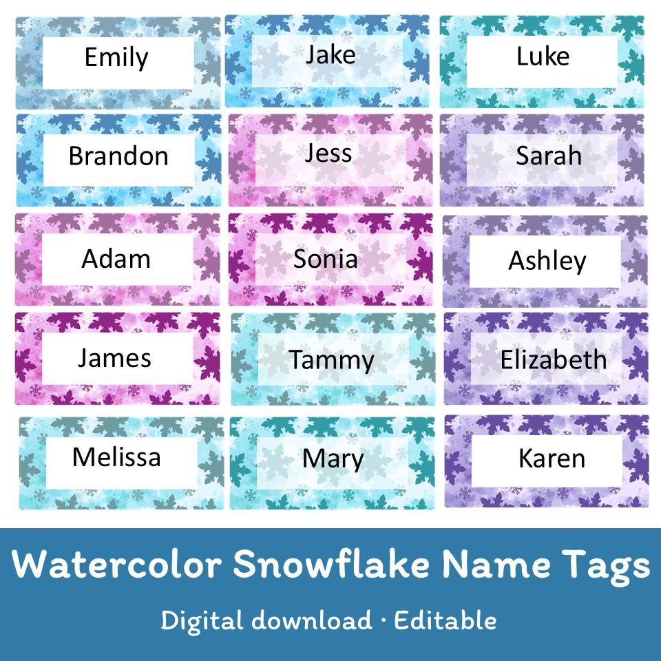 Editable Watercolor Snowflake Name Tags - Etsy