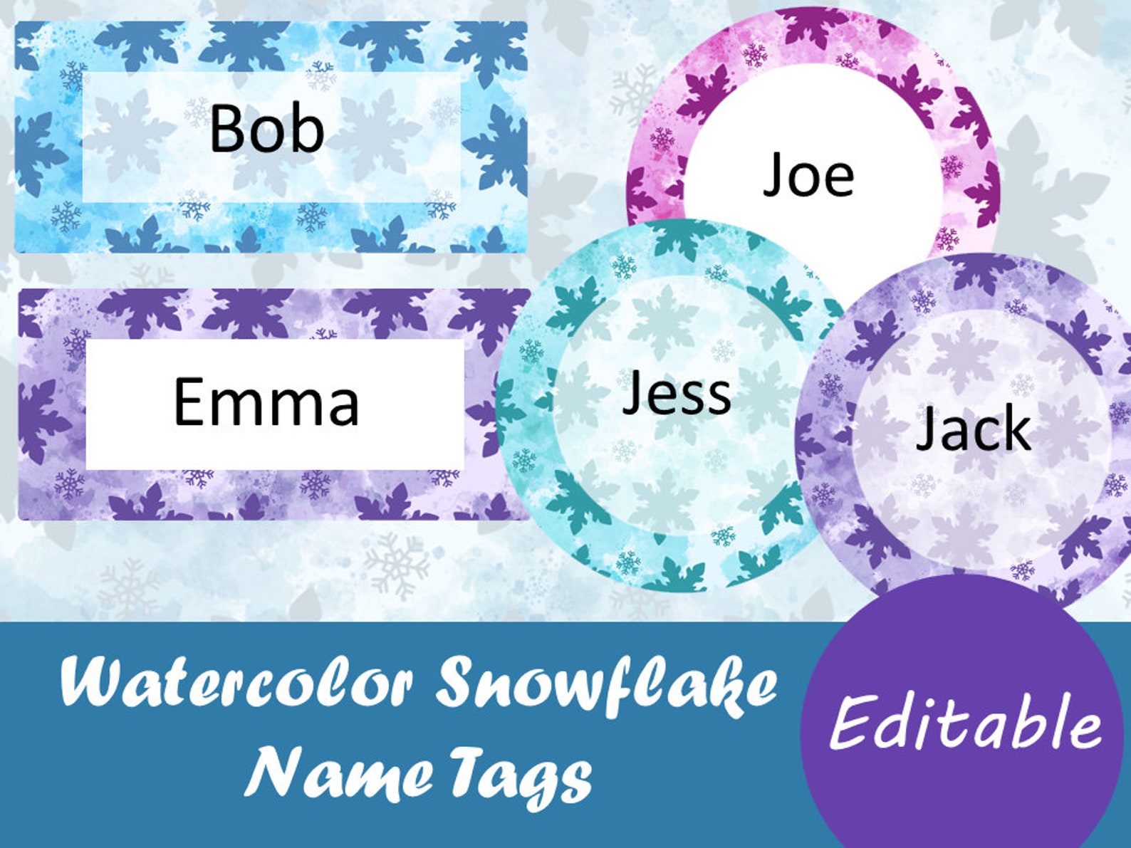 Editable Watercolor Snowflake Name Tags - Etsy