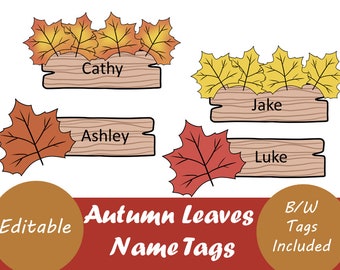 Autumn Theme Name Tags - Acorn & Fall Leaves Printable Bulletin Board ...