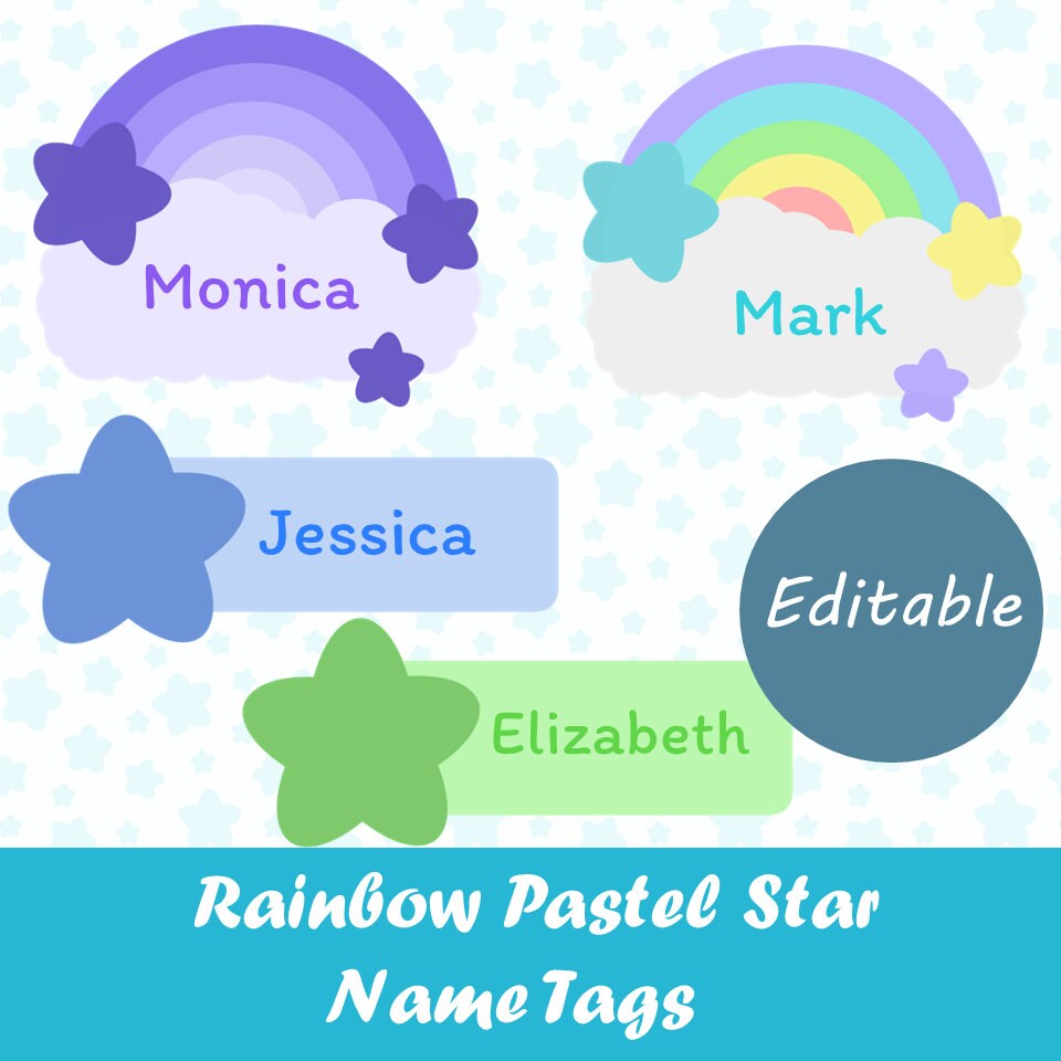 Editable Rainbow Pastel Star Name Tags - Etsy