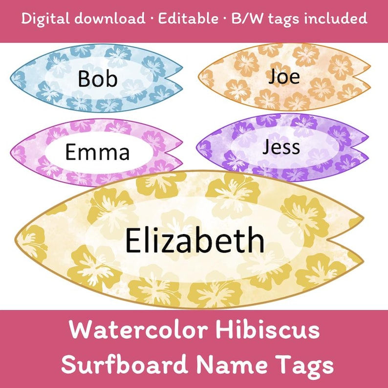 Watercolor Hibiscus Surfboard Name Tags: Editable Classroom Decor ...