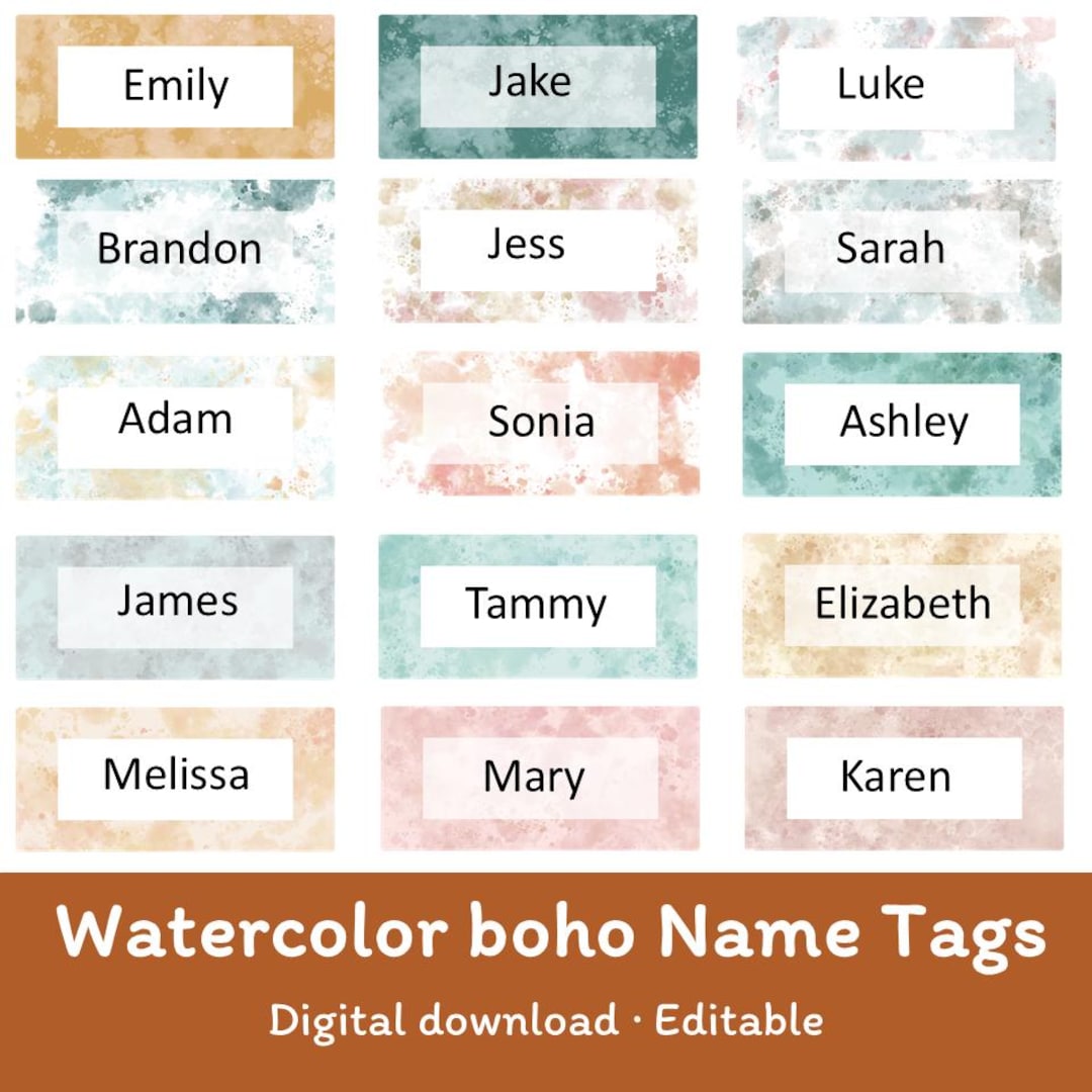 Editable Watercolor Boho Name Tags - Etsy