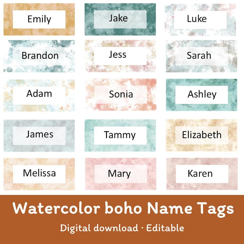 Editable Watercolor Boho Name Tags - Etsy