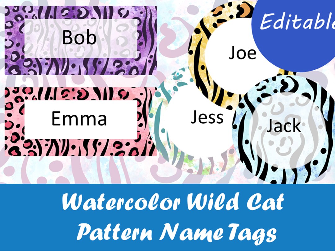 Editable Watercolor Wild Cat Pattern Name Tags - Etsy
