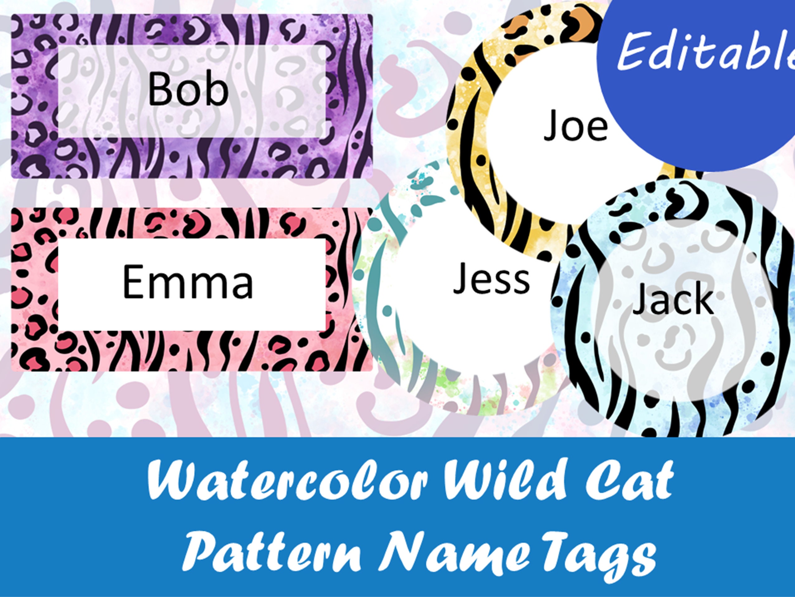 Editable Watercolor Wild Cat Pattern Name Tags - Etsy