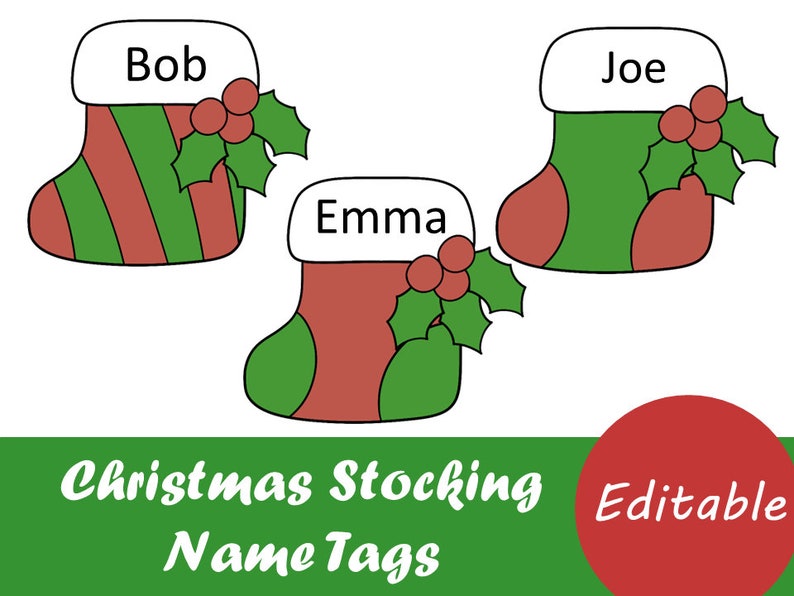 Editable Christmas Stocking Name Tags, Cute Printable Name Plates for ...