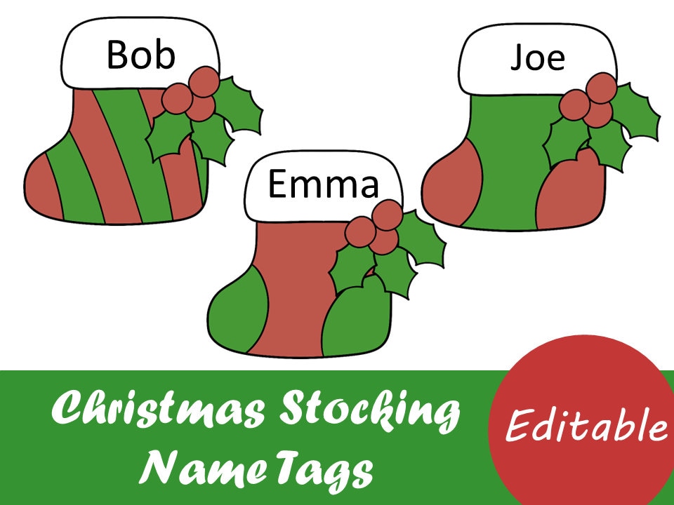 Editable Christmas Stocking Name Tags, Cute Printable Name Plates for ...