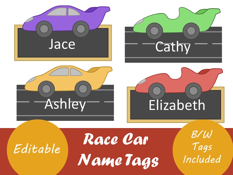 Editable Race Car Name Tags - Etsy