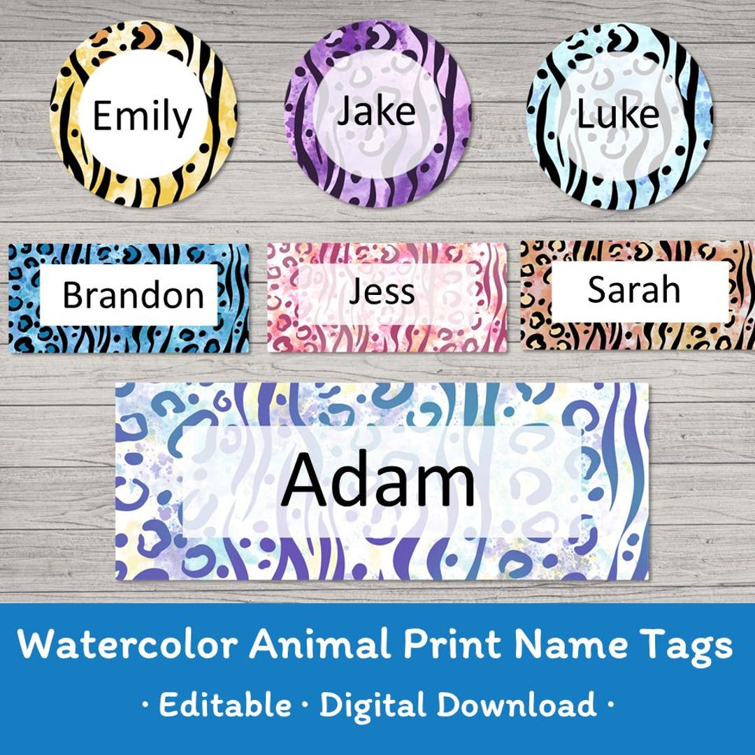 Watercolor Animal Print Name Tags | Editable Classroom Labels - Etsy