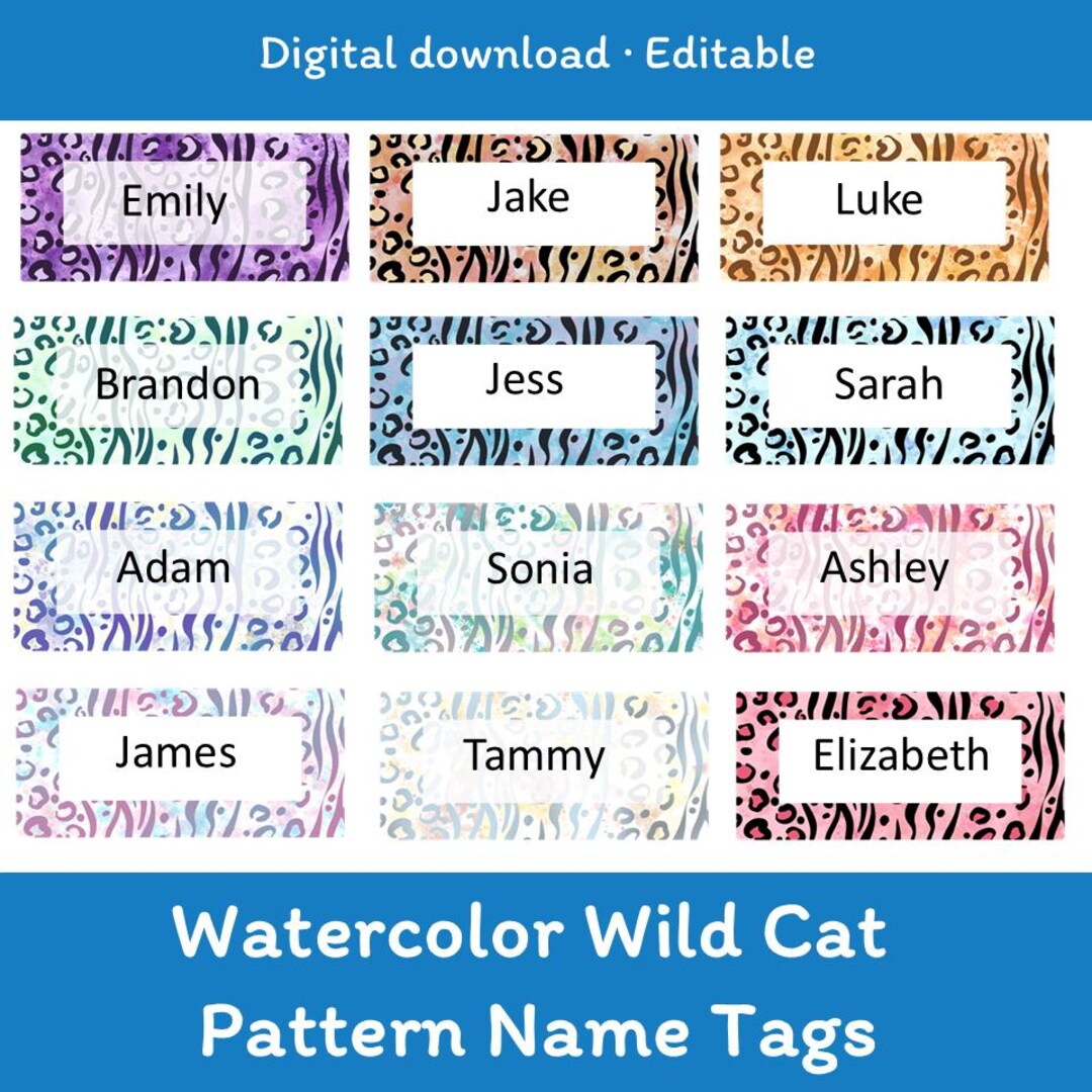 Editable Watercolor Wild Cat Pattern Name Tags - Etsy