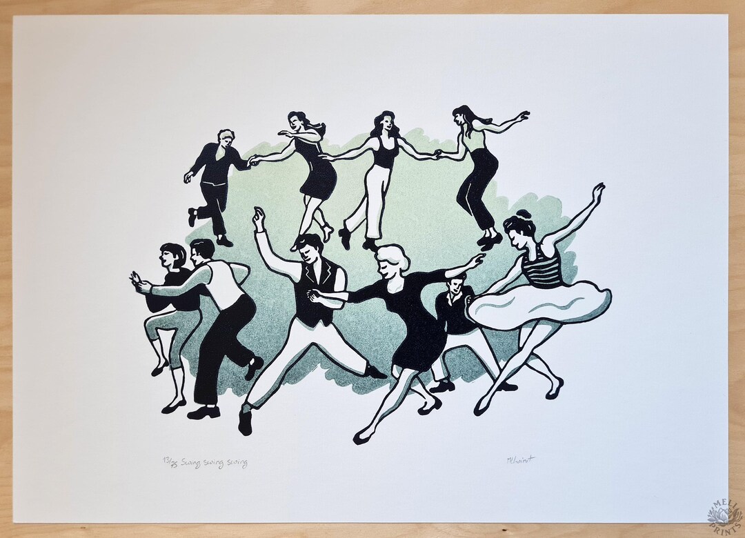 Handmade Linocut "swing Swing Swing", Dancers Lindy Swing Out - Limited ...