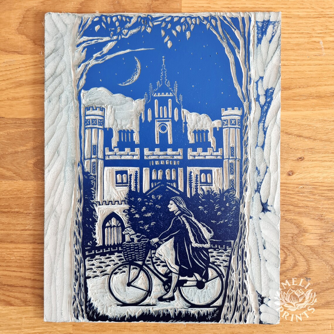 Handmade Linocut "night Ride by St John's", Cycling Cambridge College ...