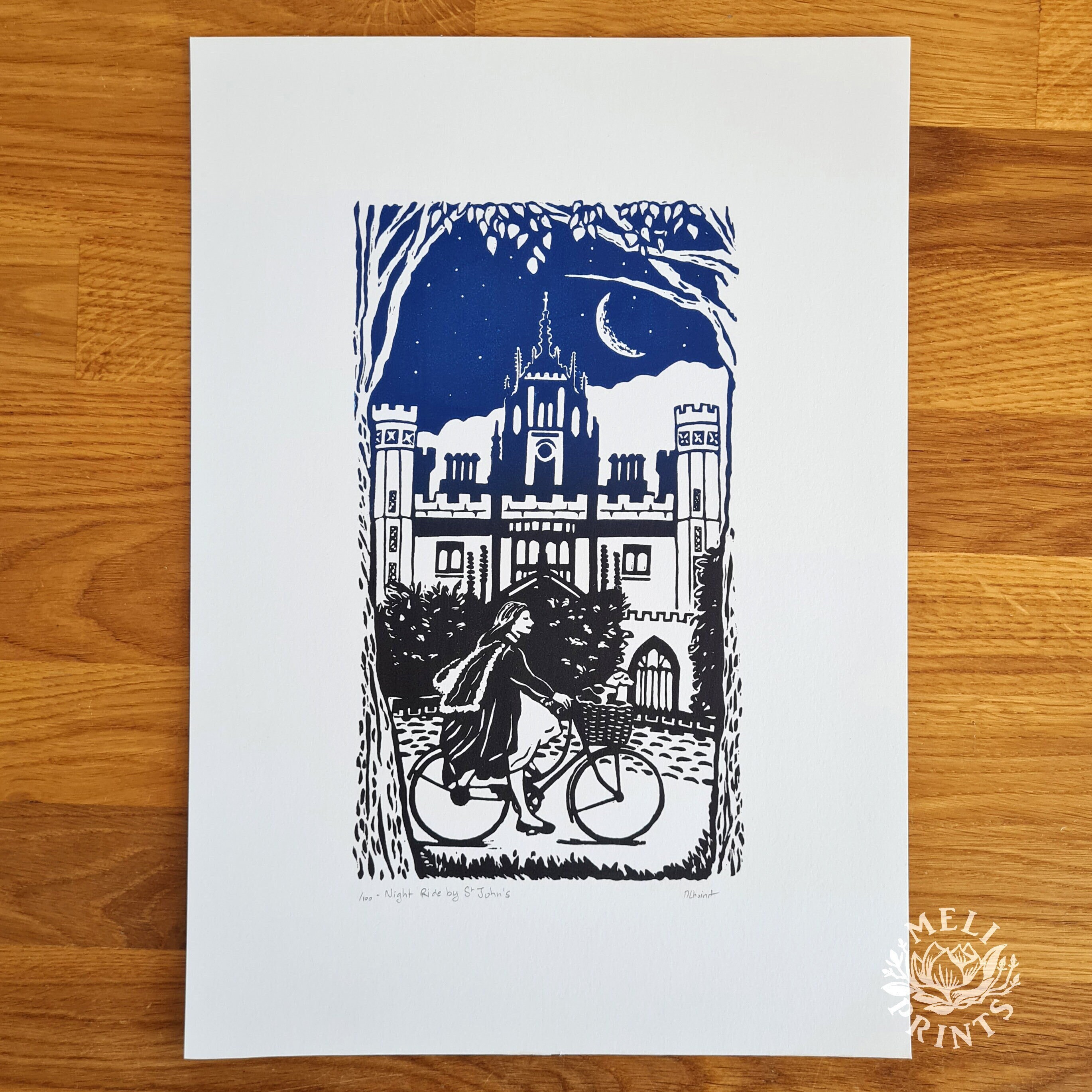 Handmade Linocut "night Ride by St John's" Print, Cycling Near ...