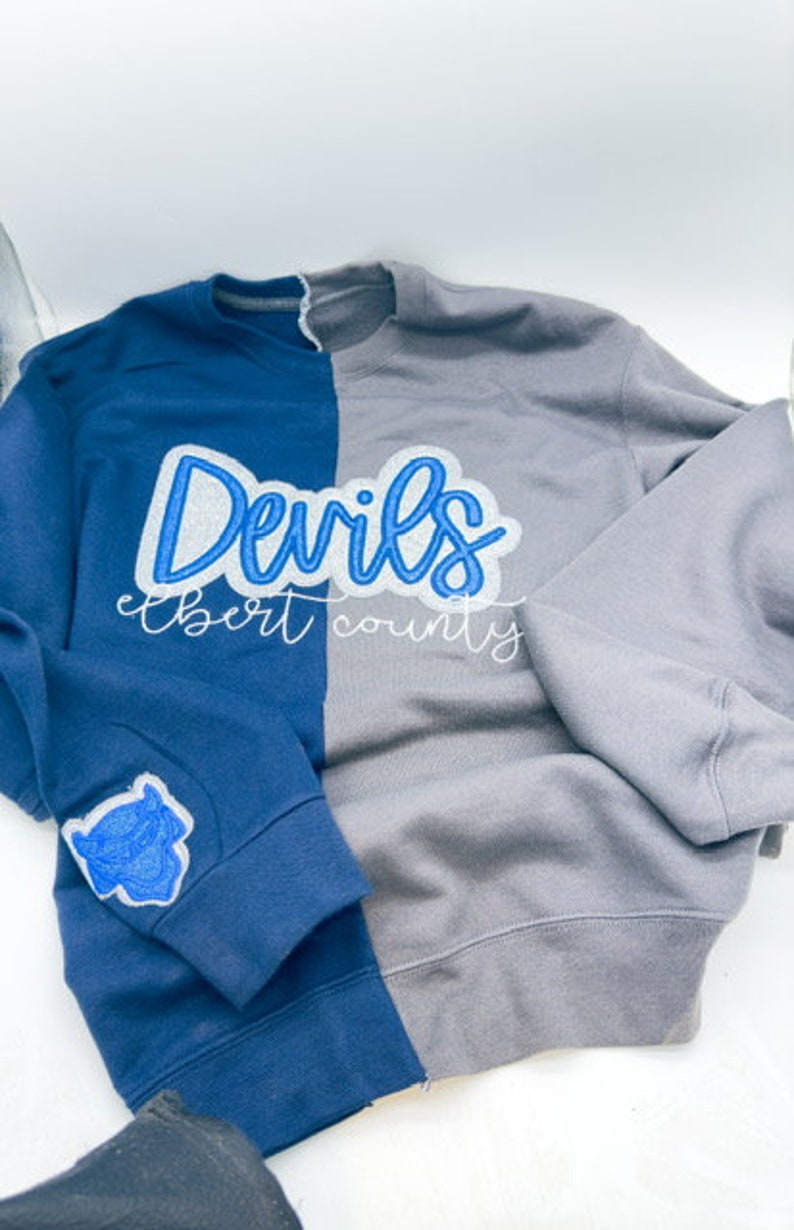 Elbert County Blue Devil Applique Glitter Embroidered Sweatshirt Devil ...