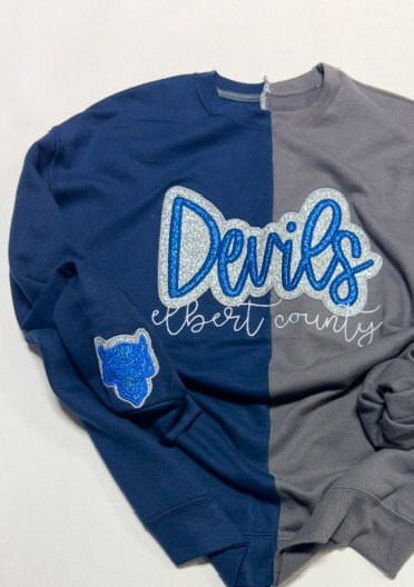 Elbert County Blue Devil Applique Glitter Embroidered Sweatshirt Devil ...