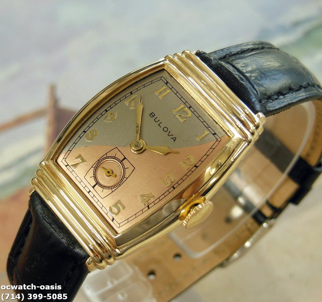 1940's Vintage BULOVA, Fancy Hooded Lugs, Stunning Gray & Salmon Dial ...