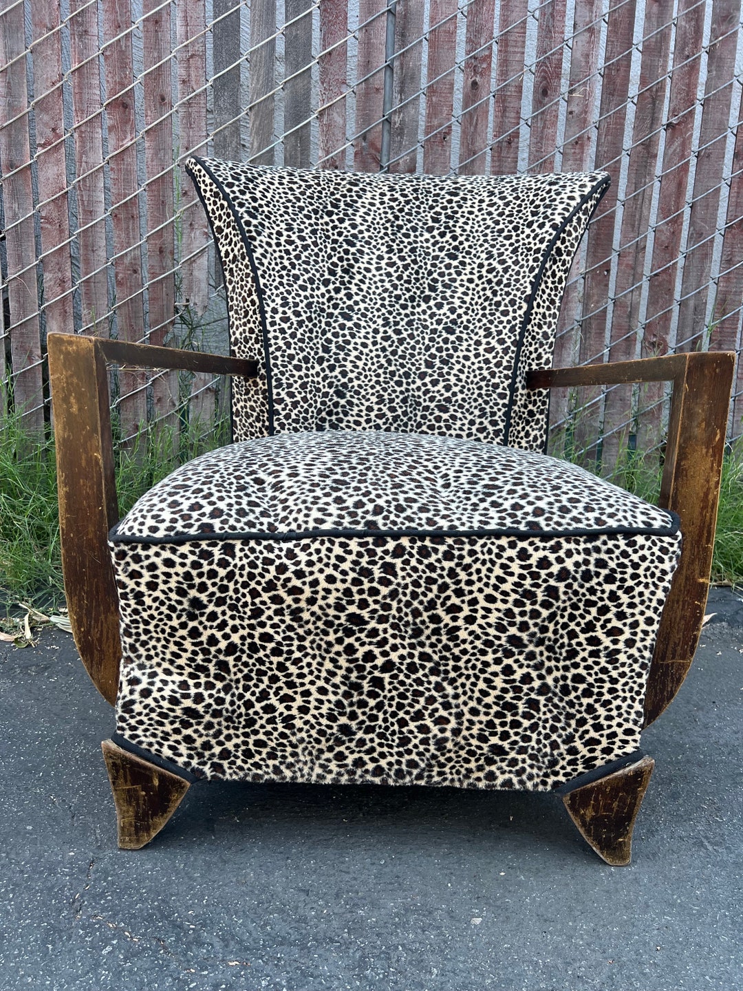 Art Deco Lounge Chair With Leopard Print Fabric and Wood Arms and Feet ...