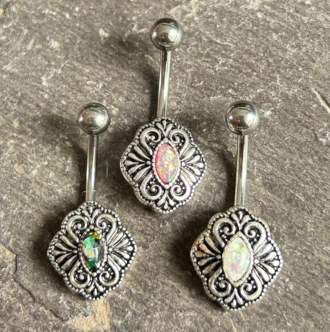 Vintage Swirl Design Belly Bar With Synthetic Glitter Opal Green Pink ...