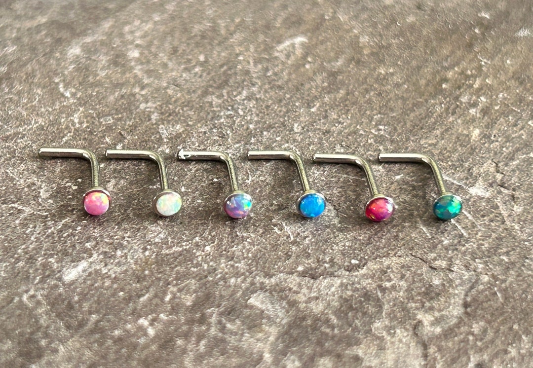 Set of 6 Opal Nose Studs Right Angle L Bend 20g Purple Blue Green Pink ...