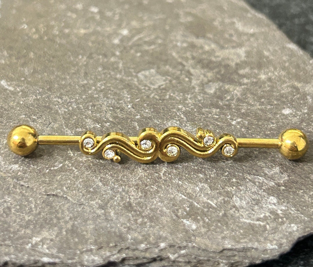 Swirl Gem Scaffold Industrial Piercing Barbell Gold Ear Bar Body ...