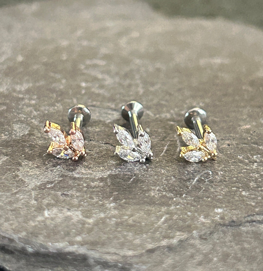 Gem Marquise Leaf Threadless Helix Tragus Stud Push Fit Cartilage Conch ...