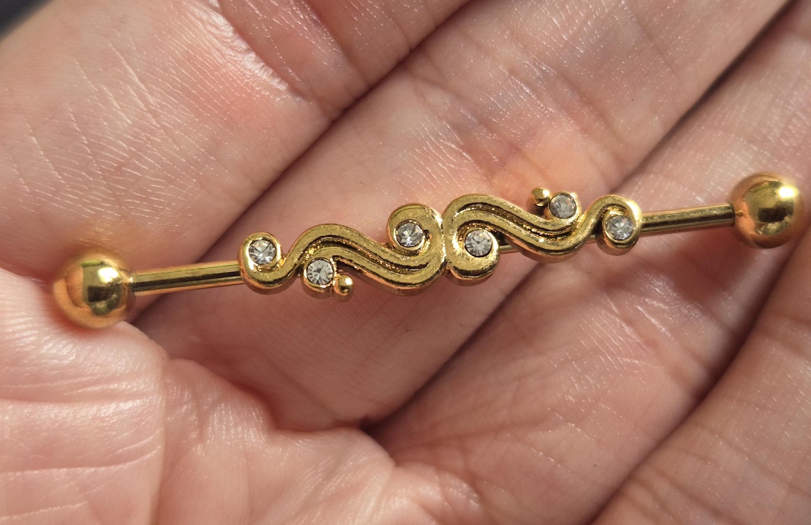 Industrial Barbell Scaffold Ear Piercing Bar Wavy With CZ Gem Design ...