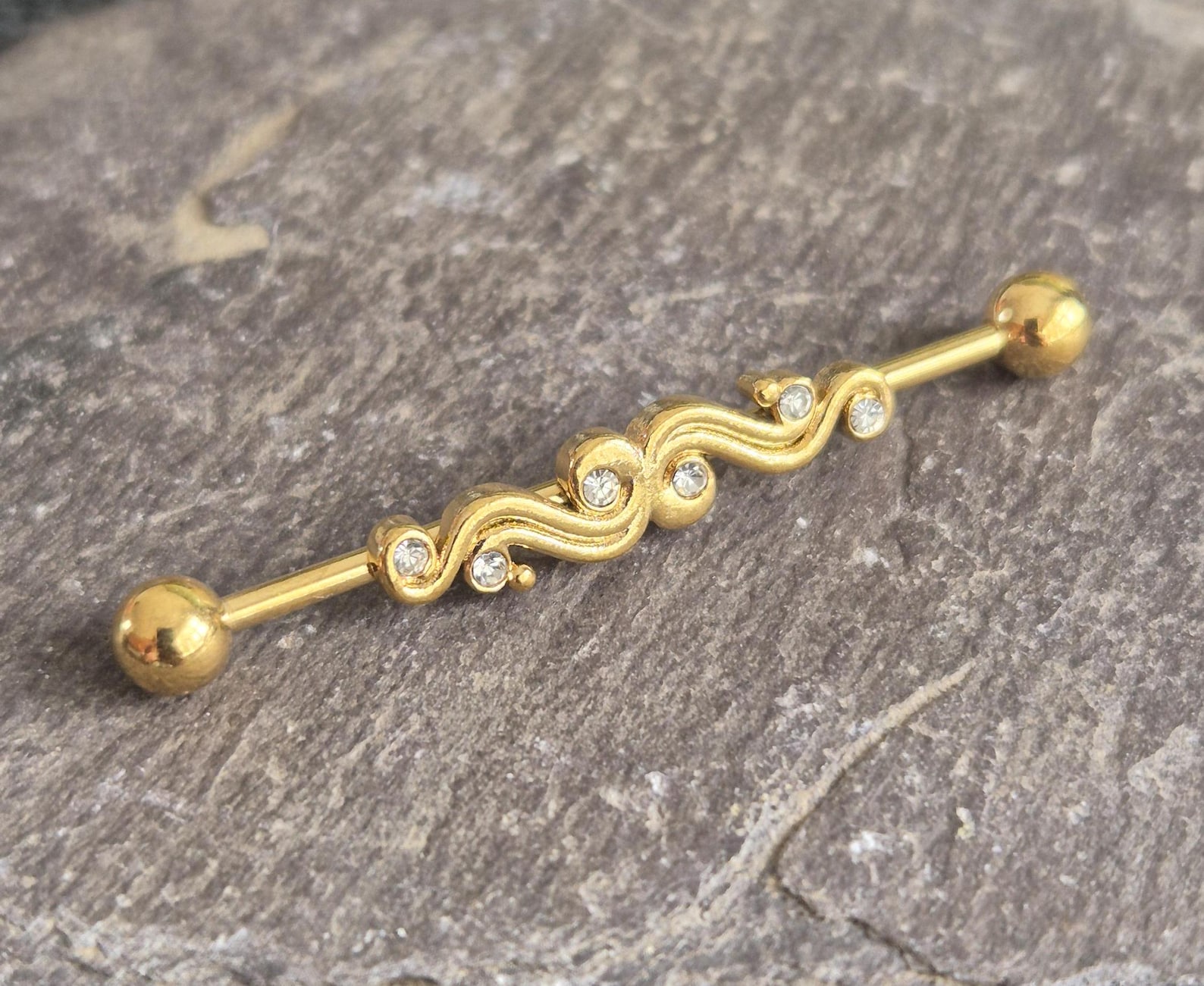 Industrial Barbell Scaffold Ear Piercing Bar Wavy With CZ Gem Design ...