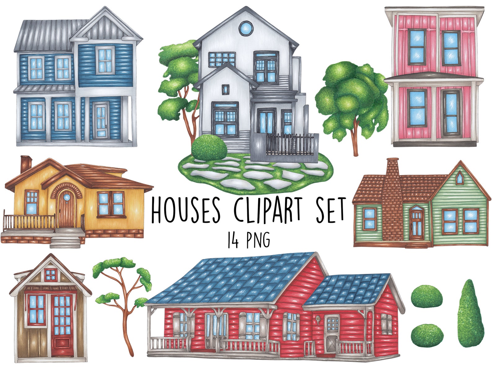 House Clipart Tiny Cute Houses Town Buildings Clipart City - Etsy