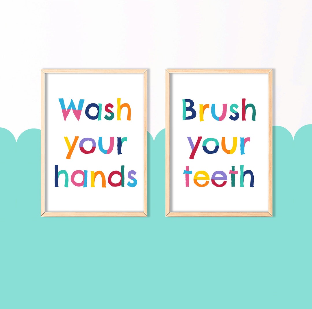 Wash Your Hands, Brush Your Teeth - Kids Fun Bathroom Print, Colourful ...