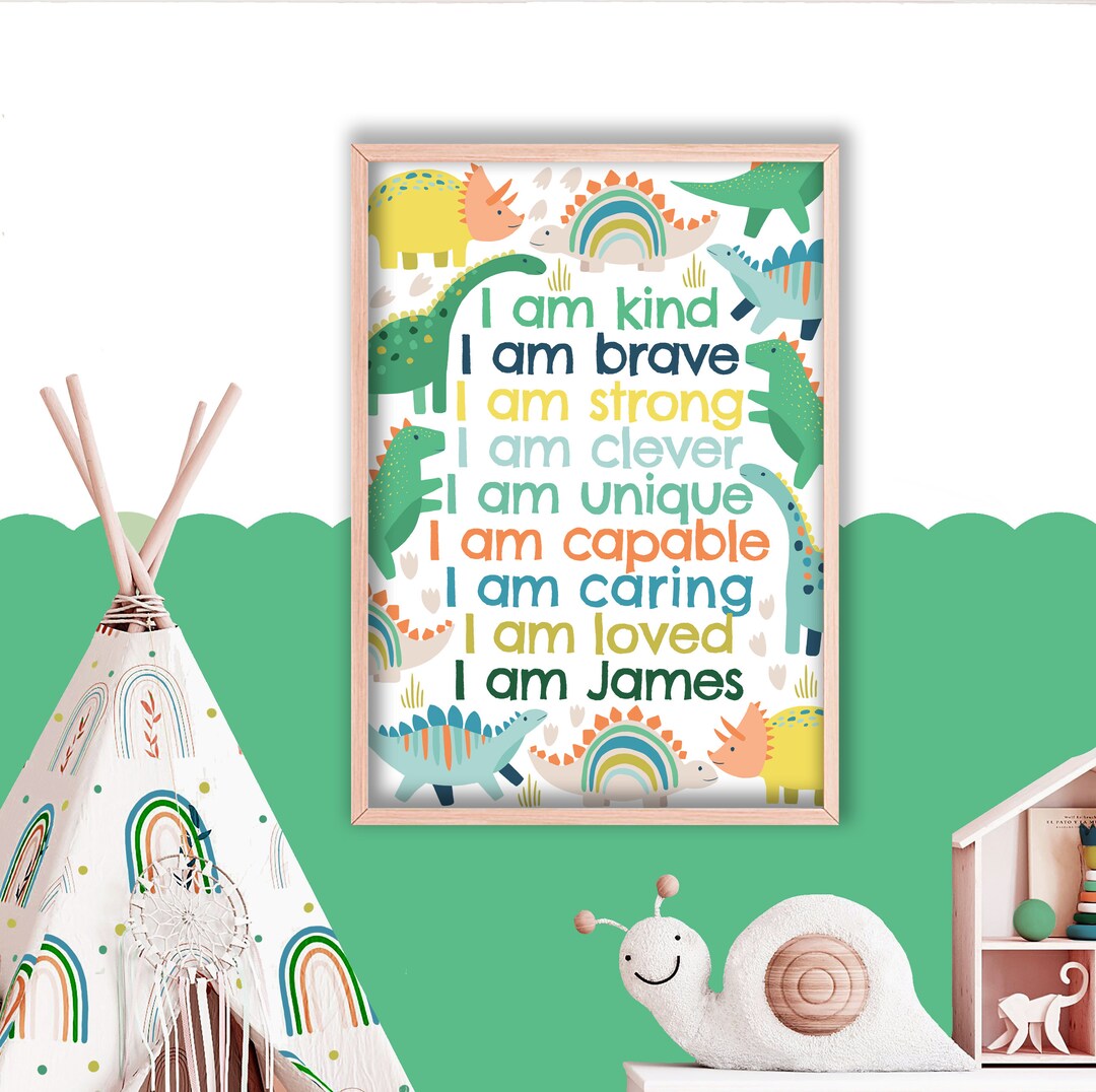 Dinosaur Affirmation Print - Kids Personalised Bedroom Print, Custom ...