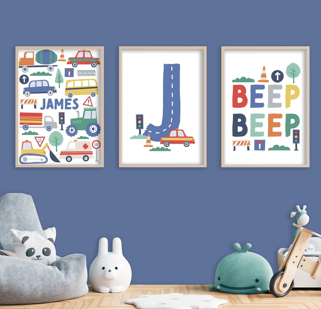 Personalised Set of Three Transport Prints - Colourful Playroom Prints ...