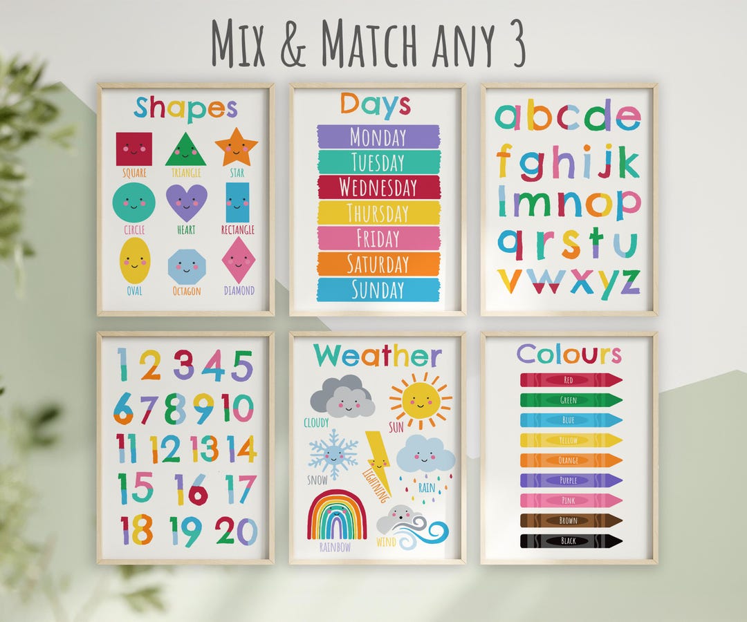 Educational Prints: Mix & Match ABC, Numbers, Weather - Set of 3 - Etsy