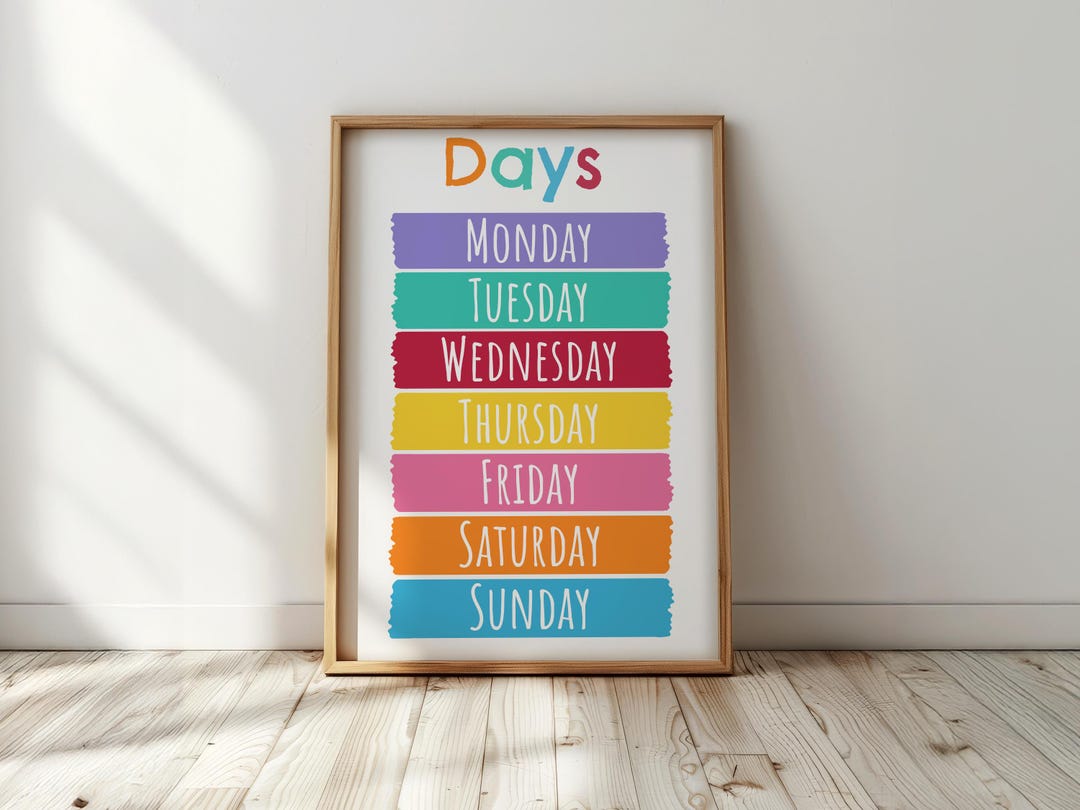 Days of the Week - Kid's Colourful Playroom Print, Children’s Bedroom ...