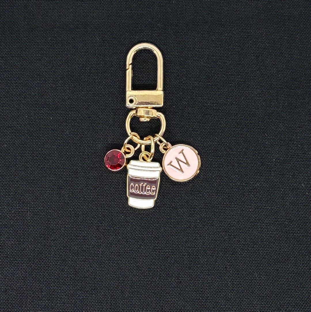 Coffee Cup Charm Keychain: Initial & Birthstone, Gold Bag Accessory - Etsy