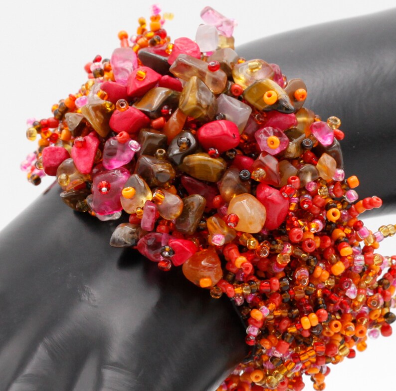 Funky Red Beaded Cuff Bracelet With Tiger's Eye and Rose Quartz ...