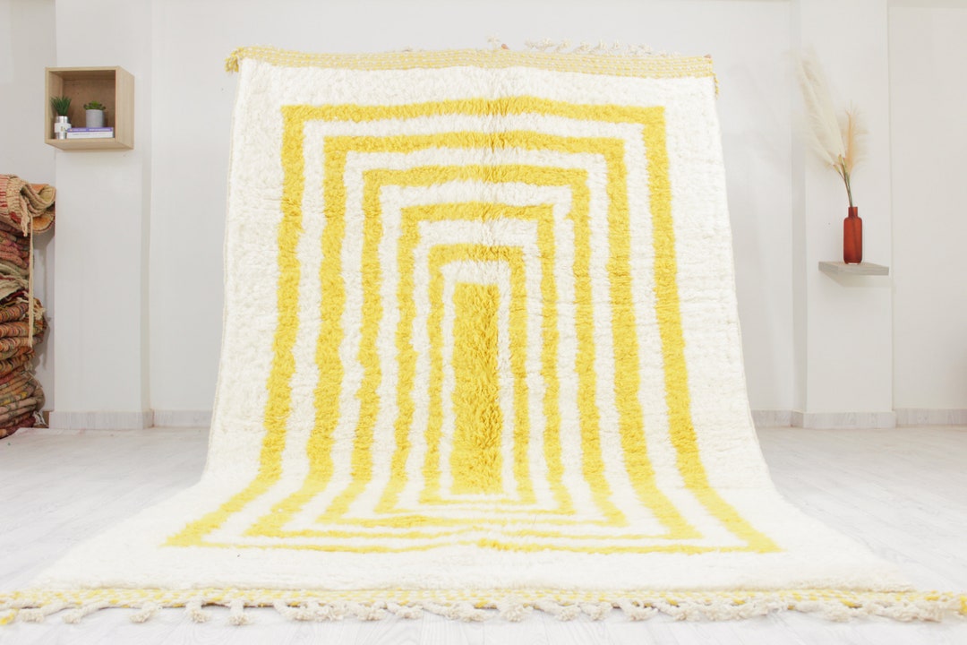 Moroccan Yellow Rug, Abstract Yellow and White Carpet, Minimalist ...