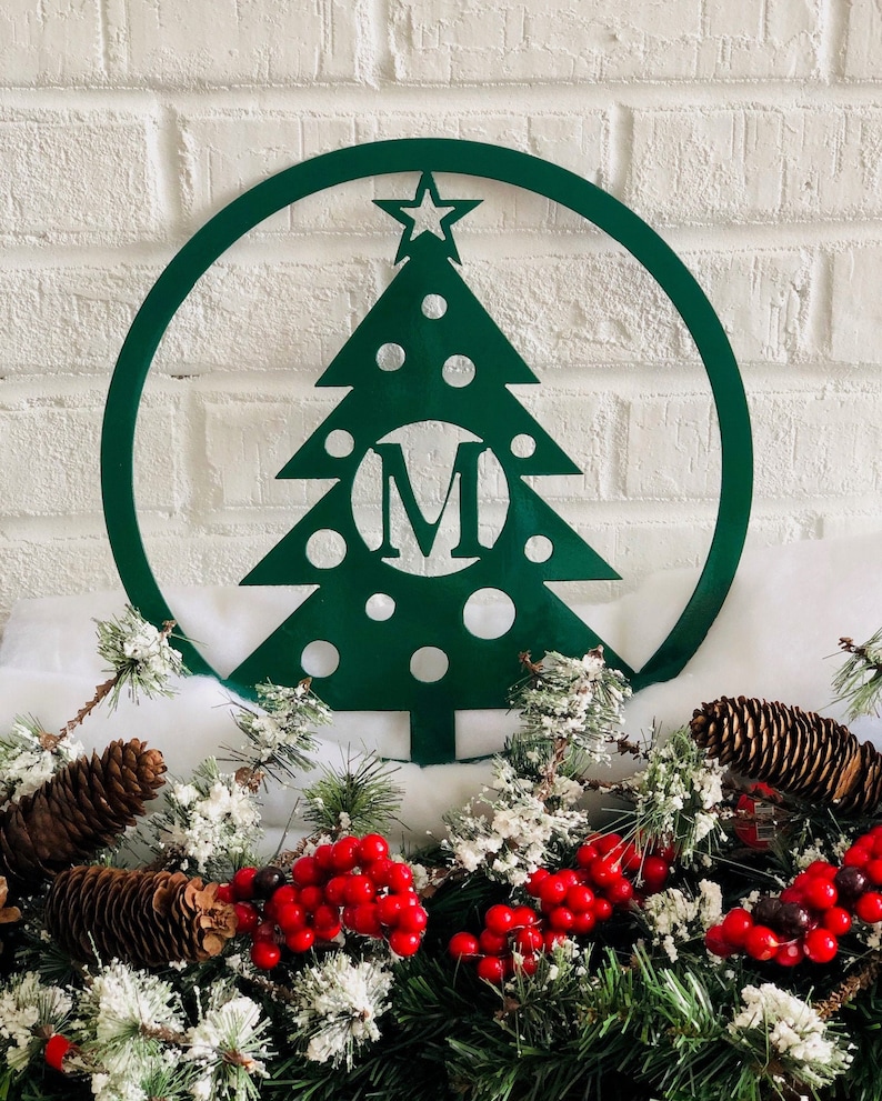 Monogram Christmas Tree Metal Sign Monogram Door Hanger - Etsy