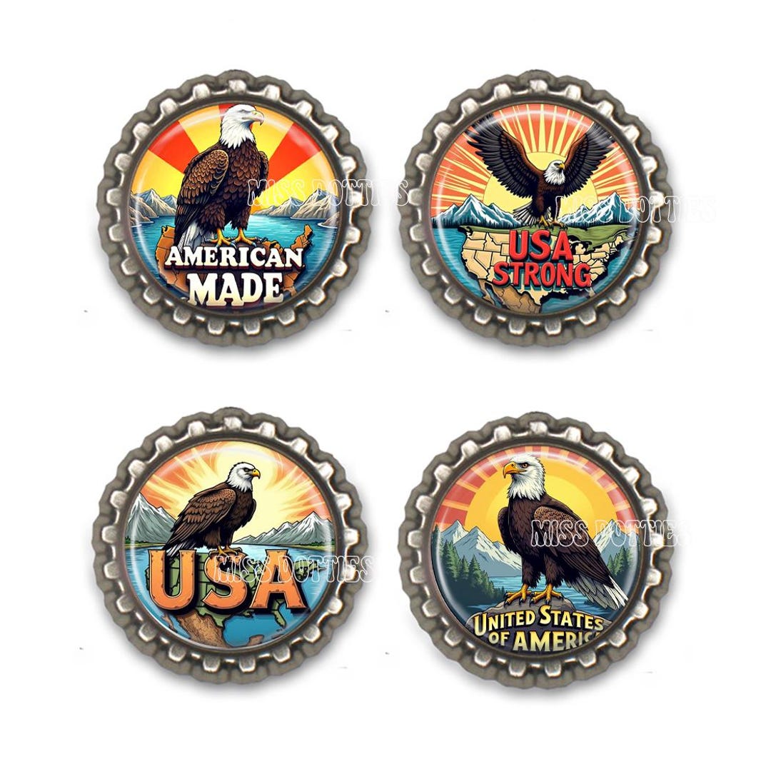 Bottle Cap Pins, Bottle Cap Flat Backs, Bald Eagle Flair Pins, USA ...